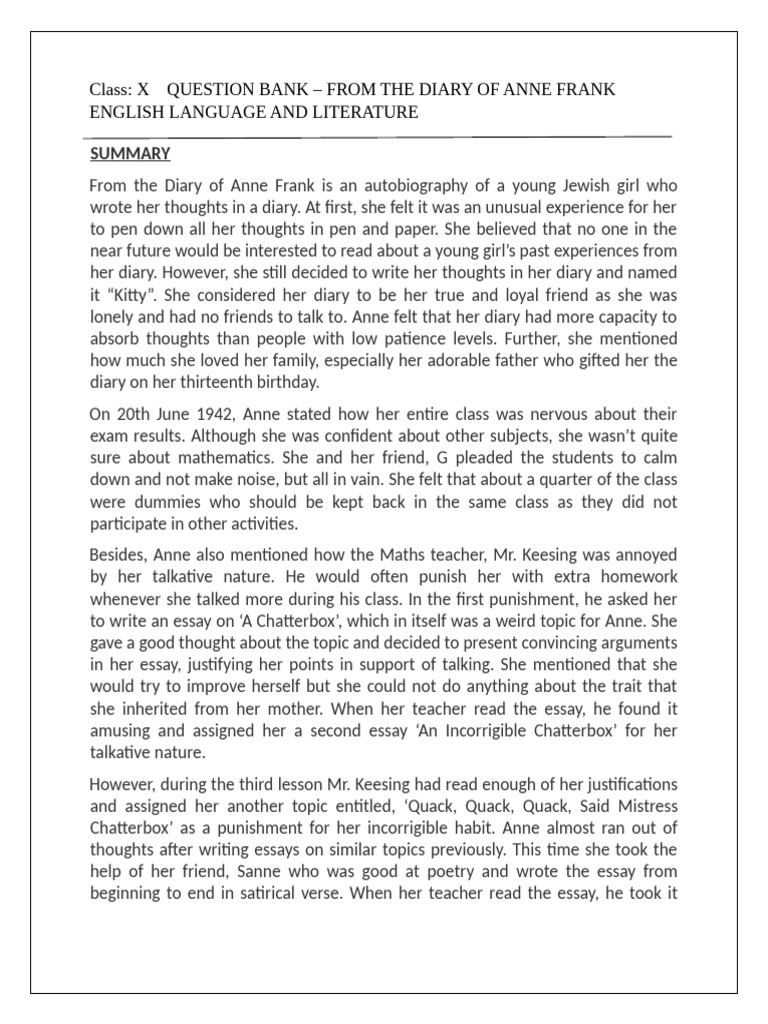 Question Bank From The Diary of Anne Frank Class 10 | PDF | Anne Frank ...