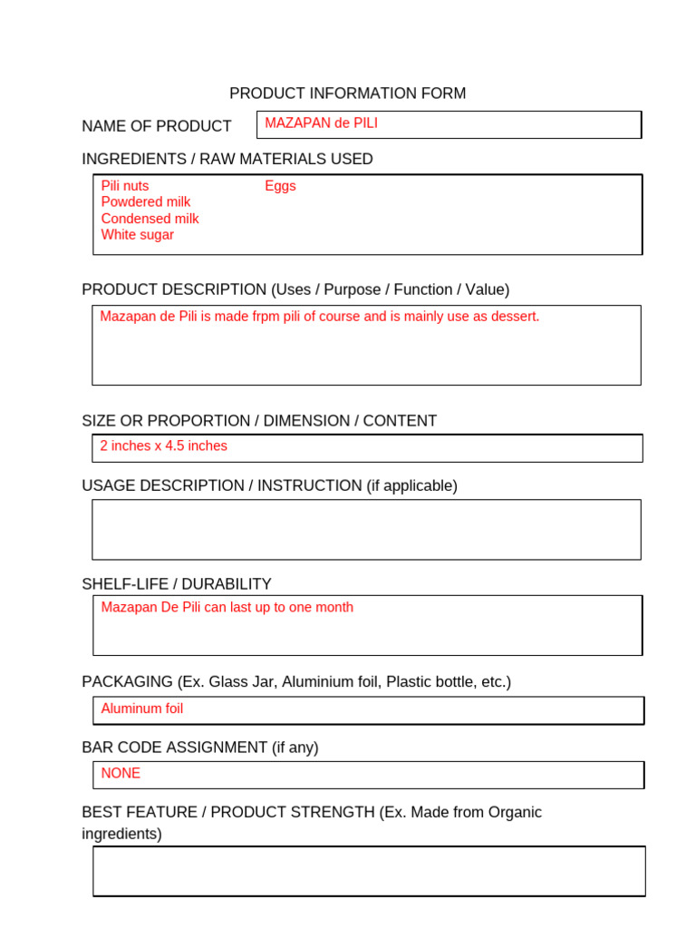 Product Information Form 1 | PDF