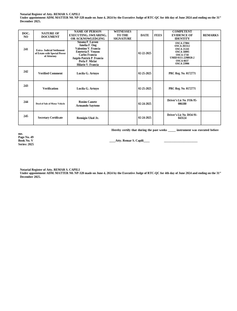 Notarial Register of Atty. Capili 2025 | PDF | Civil Law (Common Law)