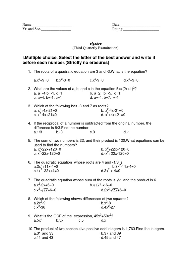 Algebra Quarterly Exam Review | PDF