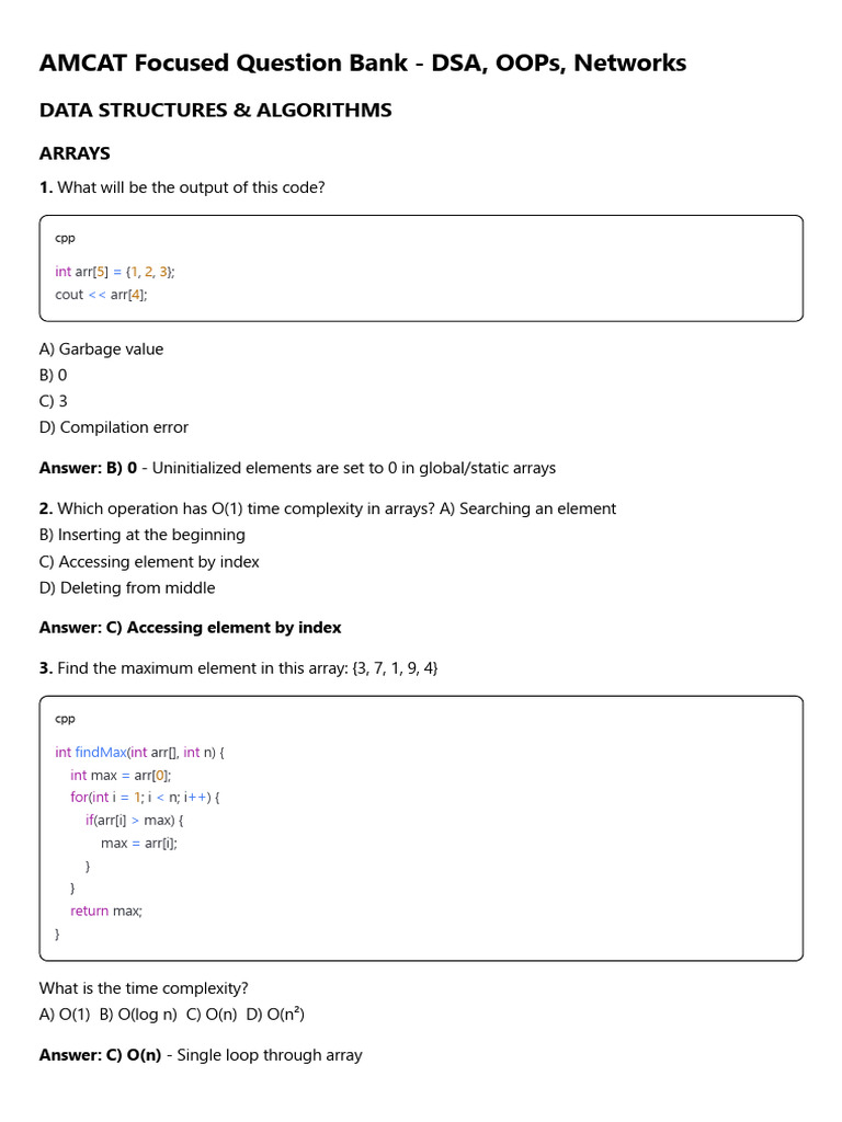 AMCAT Focused Question Bank - DSA, OOPs, Networks | PDF | Computer Programming | Algorithms And ...