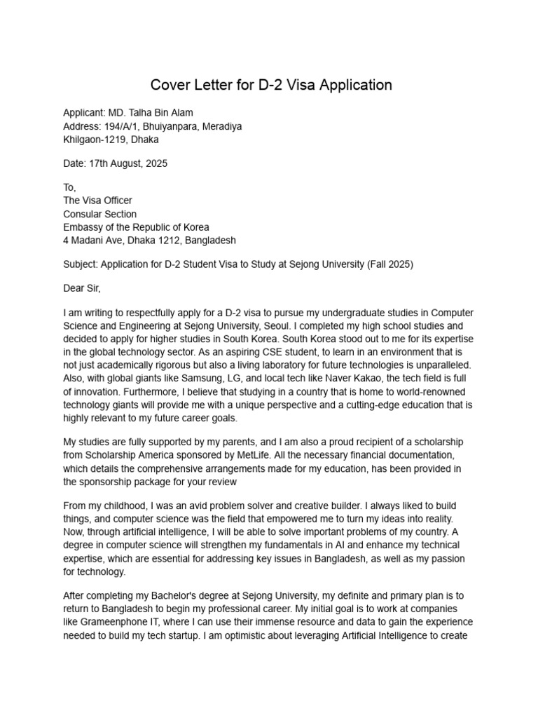 Cover Letter For D-2 Visa Application | PDF | Artificial Intelligence ...