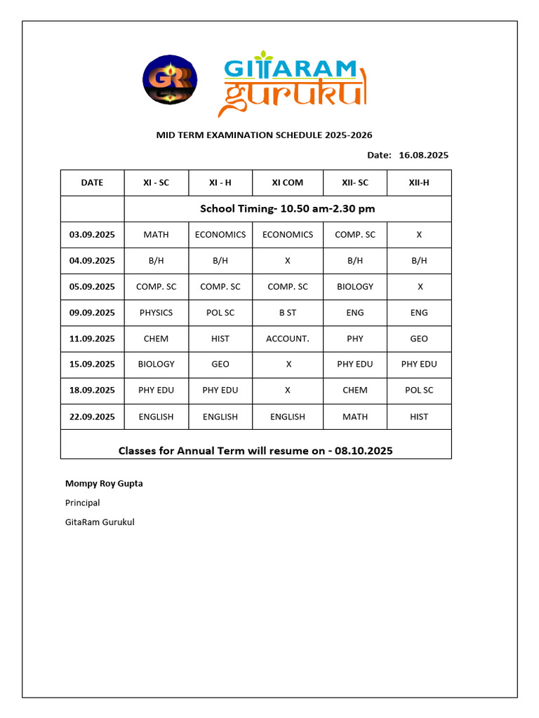Mid Term Examination Schedule (Senior Secondary) 2025-2026 | PDF