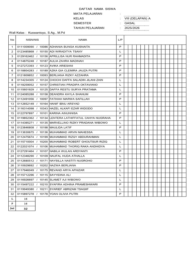 Absen Siswa Kelas 8 2025-2026 | PDF