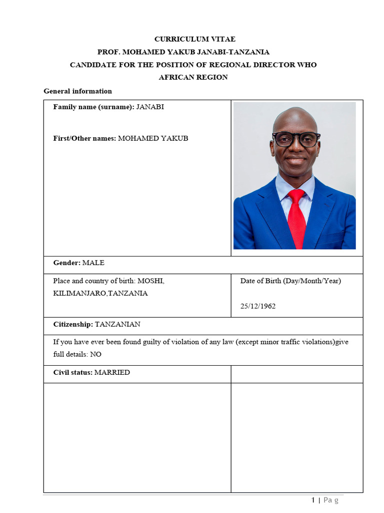 Prof. Janabi's CV for WHO Director Role | PDF | Pandemic | Tanzania