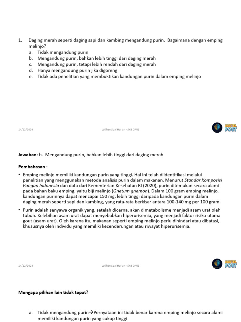 Kandungan Purin Emping Melinjo vs Daging | PDF