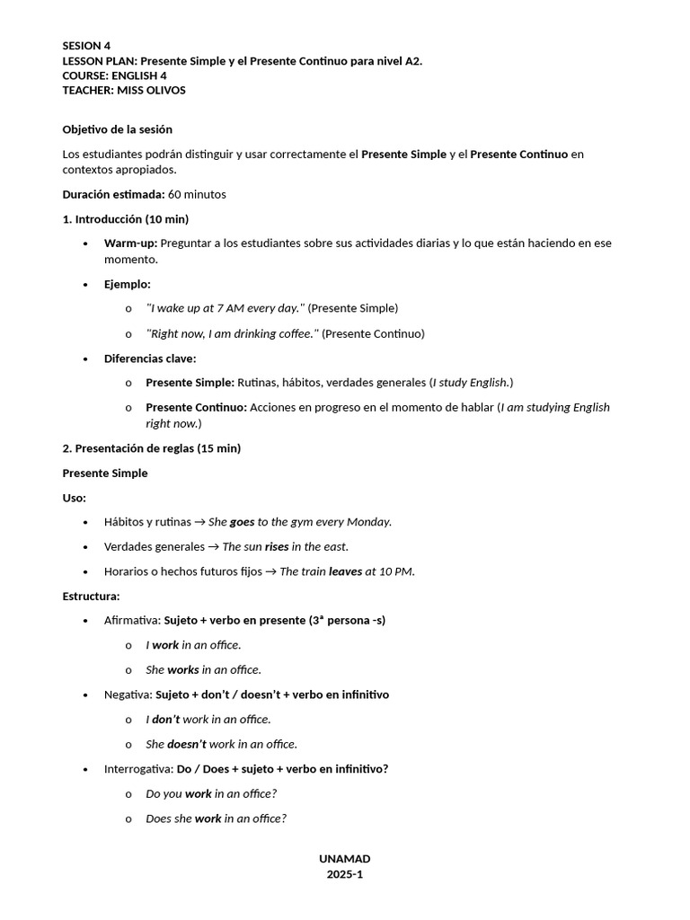Lesson Plan Present Simple Vs Present Continuous | PDF | Gramática | Relaciones sintácticas