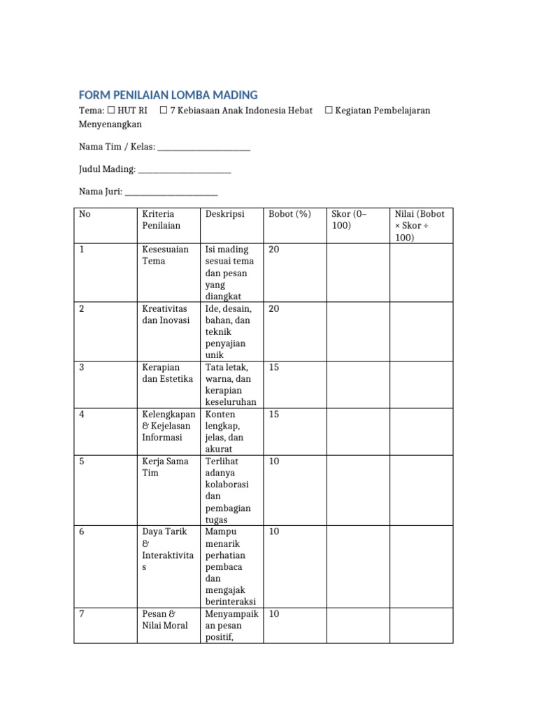 Form Penilaian Lomba Mading | PDF