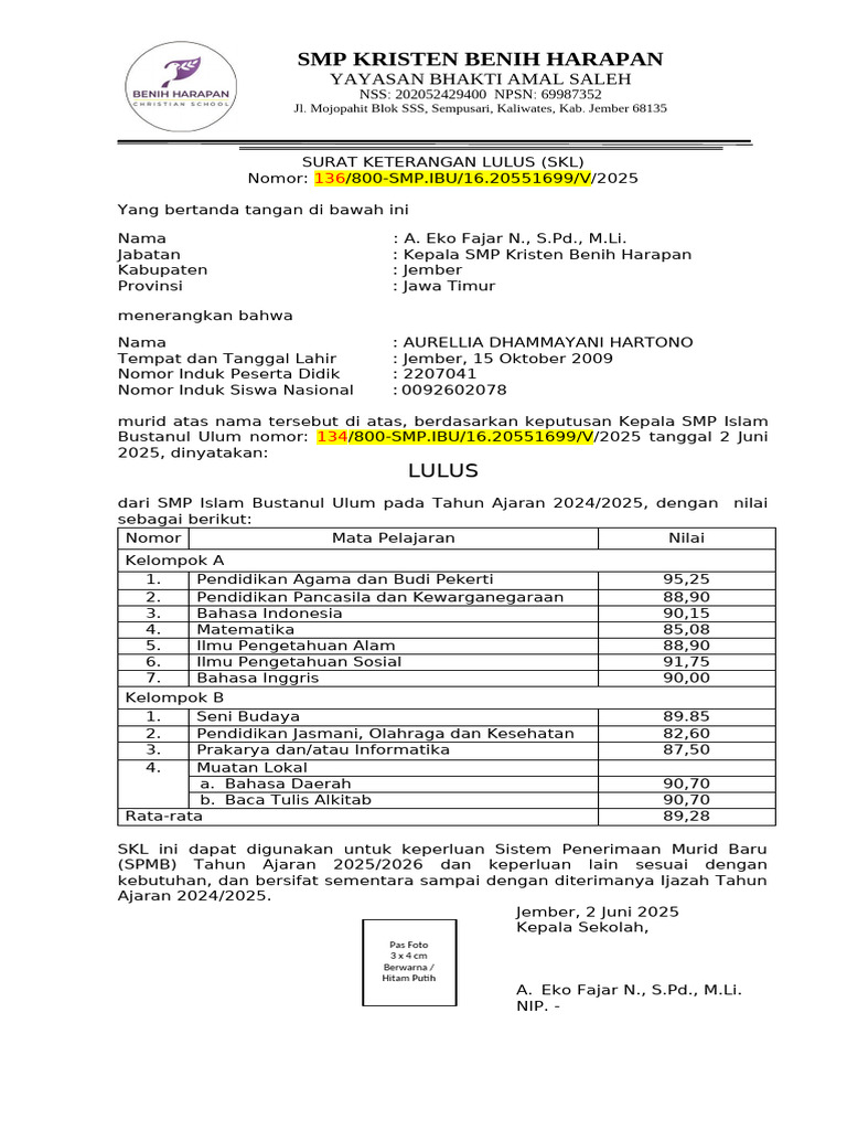 Surat Keterangan Lulus SMP 2025 | PDF