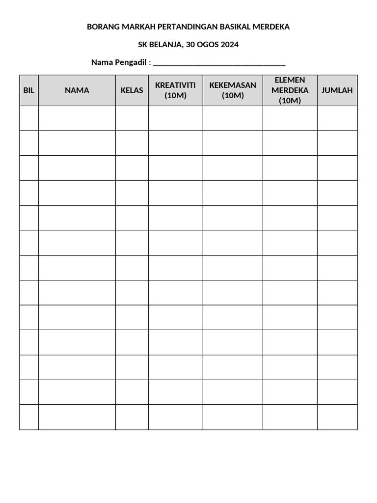 Borang Markah Pertandingan Merdeka | PDF
