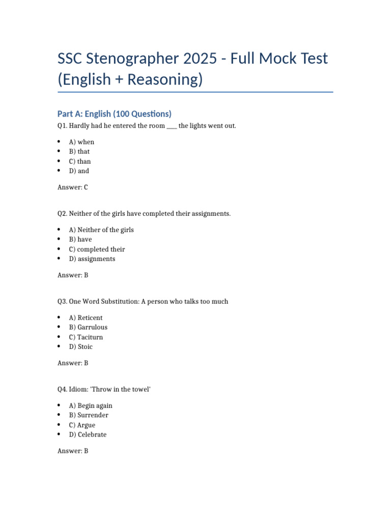SSC Stenographer 2025 Full Mock Test | PDF