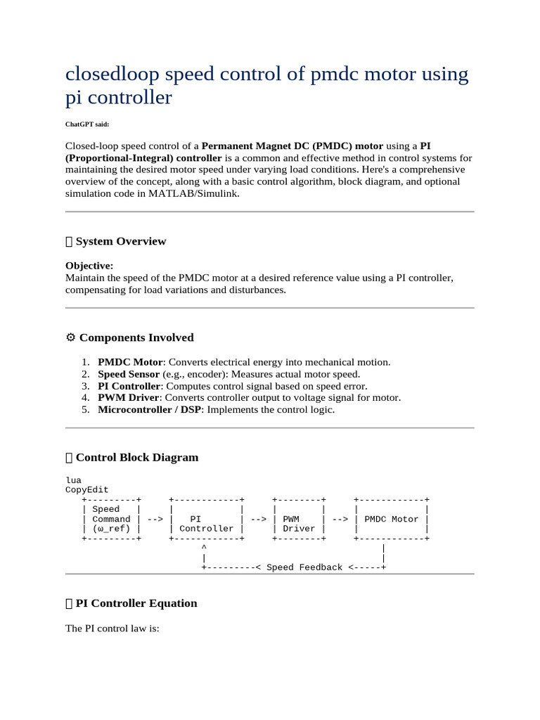 Closedloop Speed Control of PMDC Motor Using Pi Controller | PDF | Electricity | Computer ...