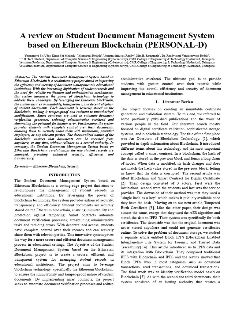 A Review On Student Document Management System Based On Ethereum Blockchain Personal D ...