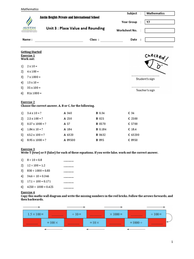 Y7 Unit 3 Place Value and Rounding WS1 Getting Started | PDF