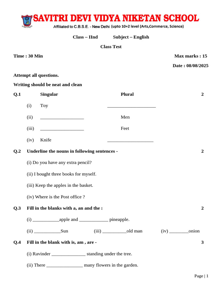 Class 2 English Test: Nouns & Grammar | PDF | Grammatical Gender ...