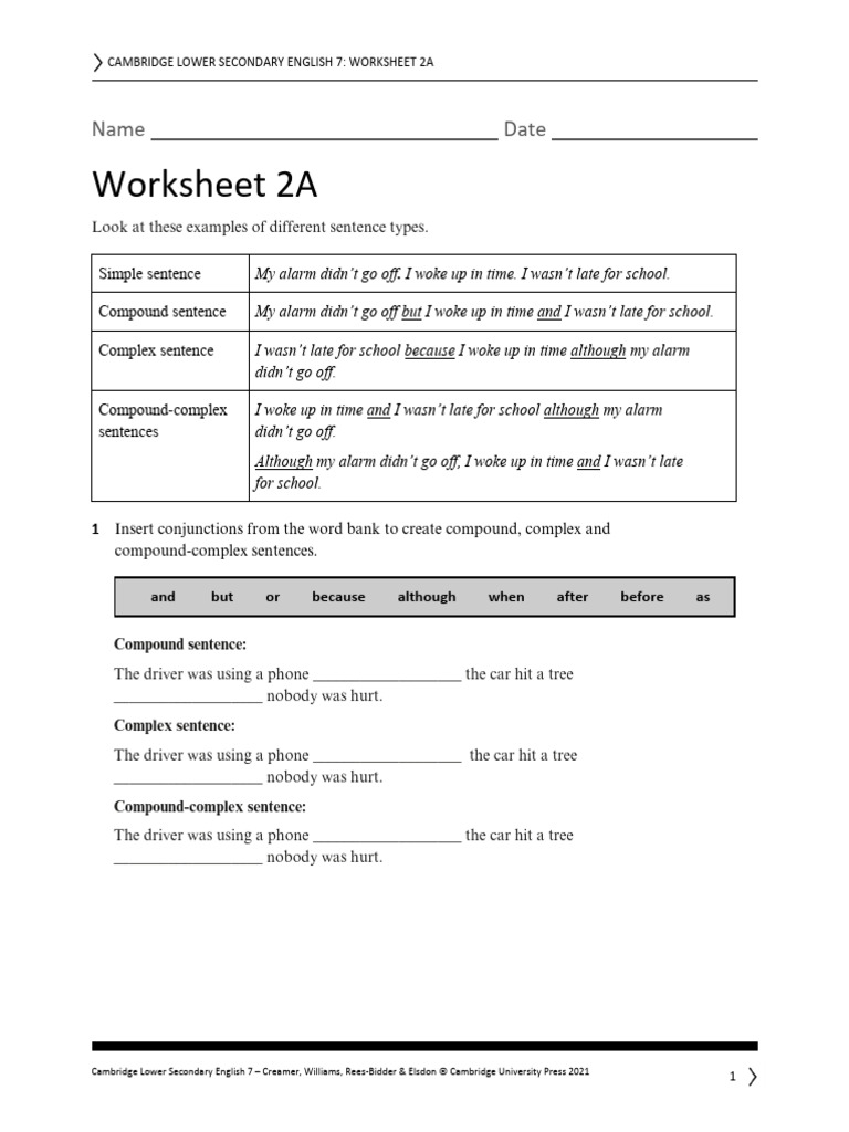 Cambridge Lower Secondary English 7 Worksheet 2a | PDF