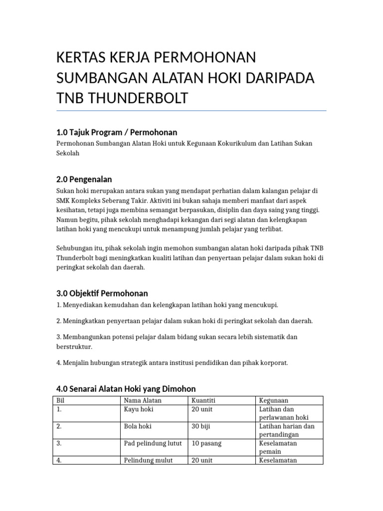 Kertas Kerja Permohonan Alatan Hoki TNB Thunderbolt | PDF