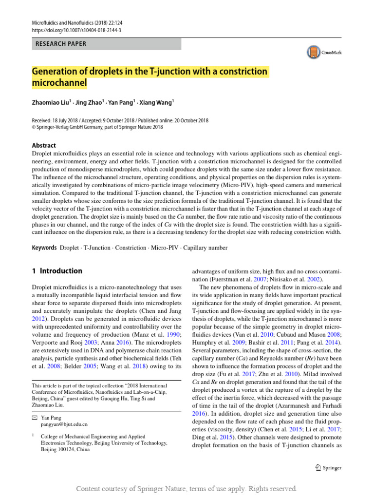 Generation of Droplets in The T-Junction With A Constriction | PDF ...