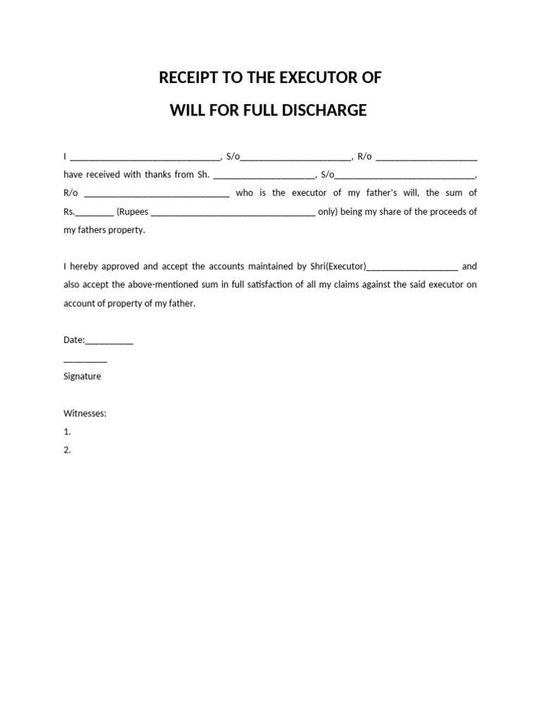 Receipt to the Executor of Will for Full Discharge | PDF
