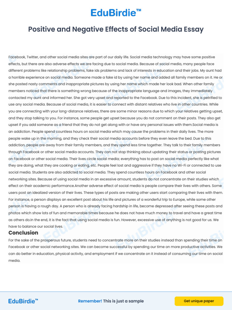Positive and Negative Effects of Social Media Essay | PDF | Facebook ...