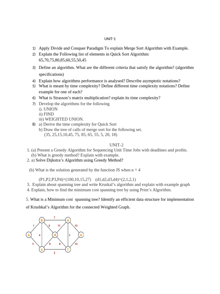 DAA Unit Wise Important Questions | PDF | Algorithms And Data ...
