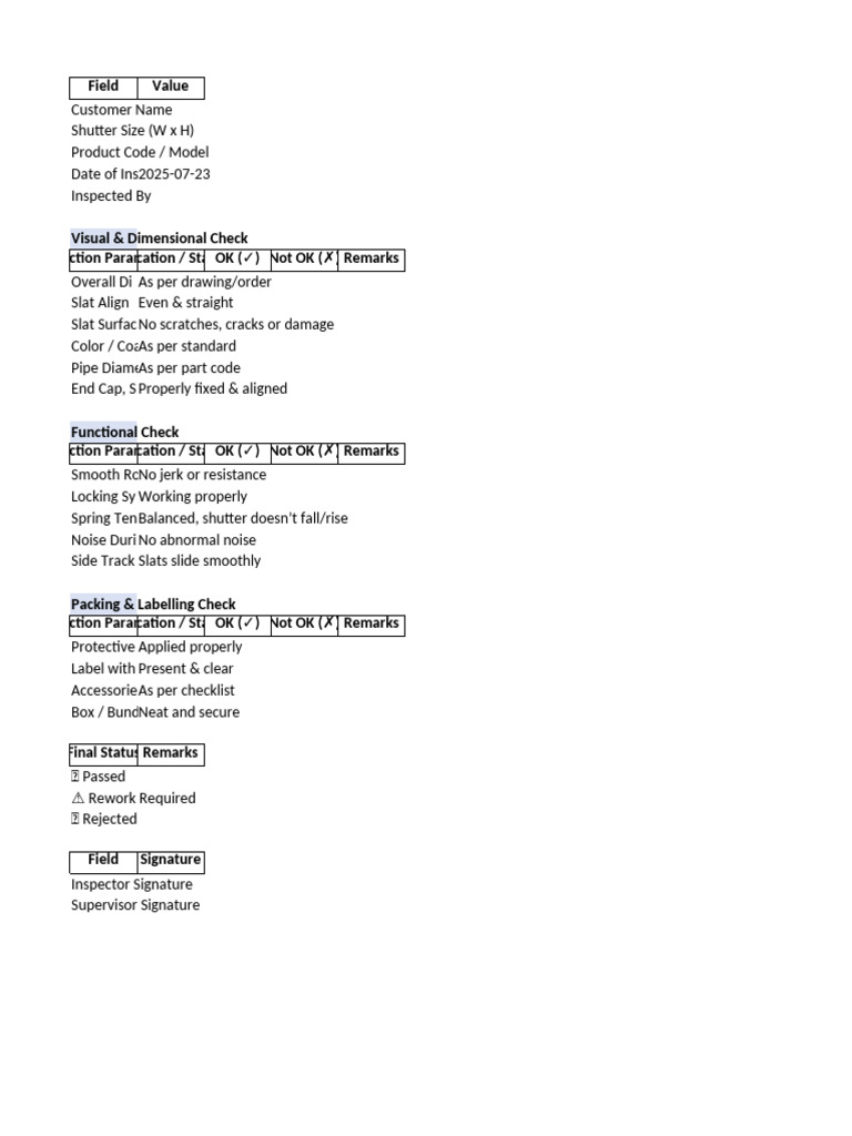 PVC Rolling Shutter Final Inspection Checksheet | PDF