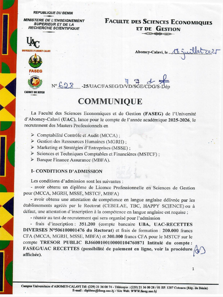 Communique Recrutement Master Gestion Pour 2025-2026 | PDF