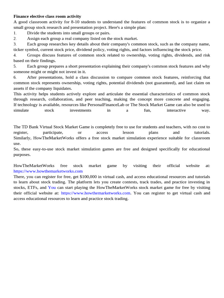 Finance Elective Class Room Activity | PDF | Stocks | Stock Market