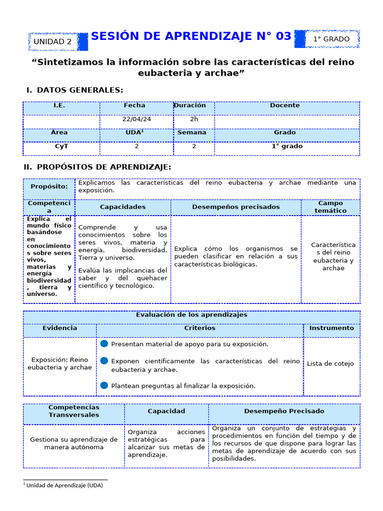 SESIÓN 3 Eubacteria y Archae CyT 1° | PDF | Plan de estudios | Aprendizaje