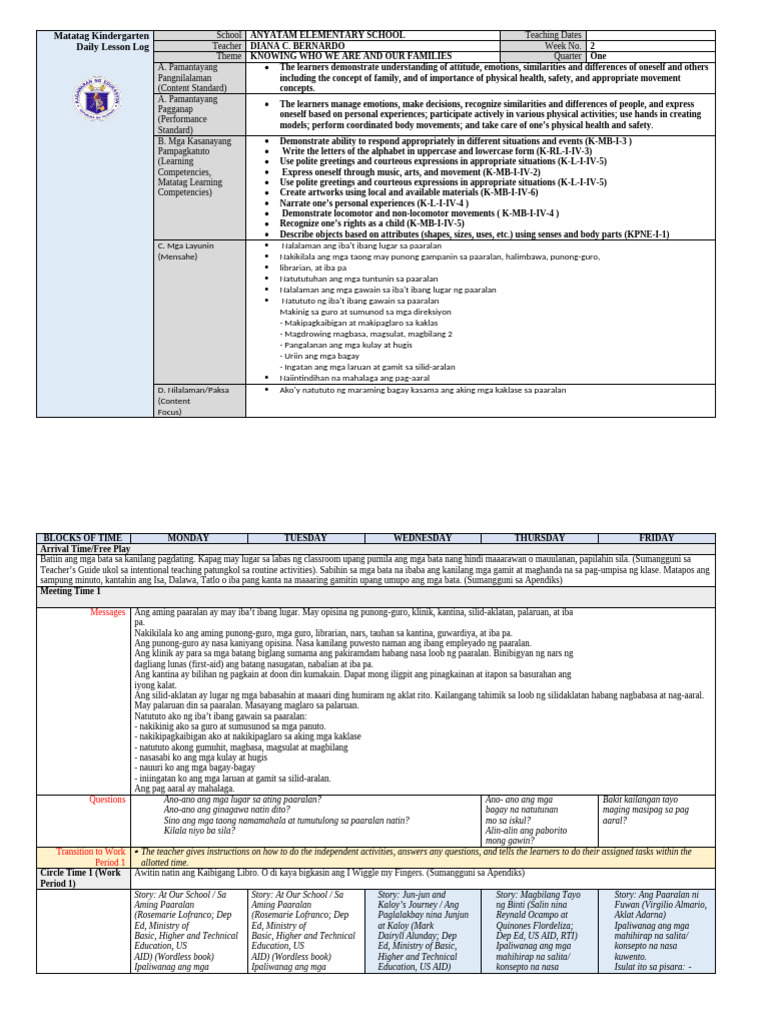 Kindergarten DLL MATATAG Q1 Week 2 | PDF