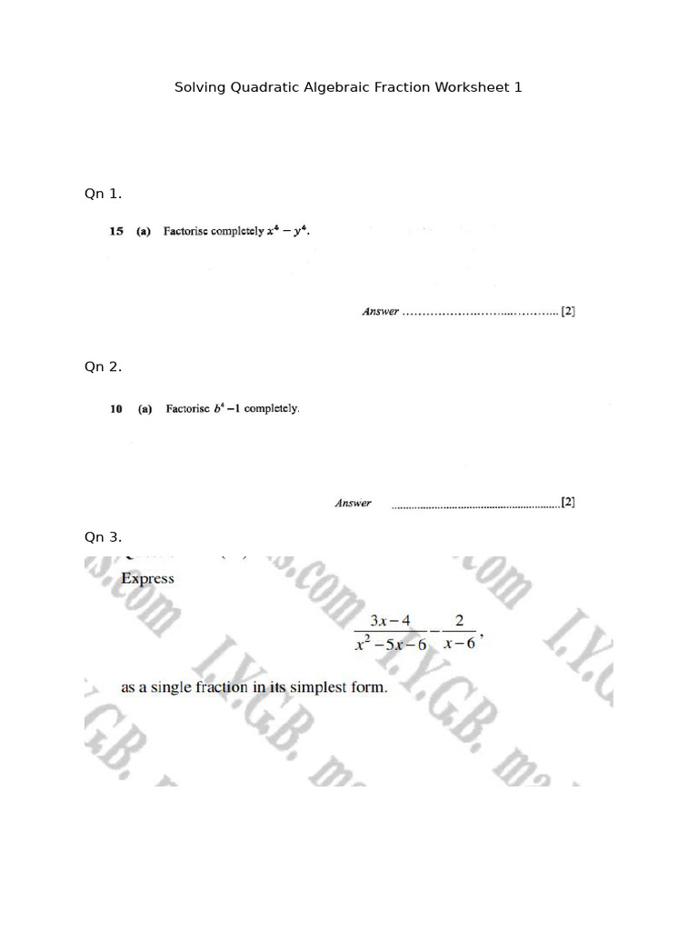 Quadratic Algebraic Fraction Worksheet 1 | PDF