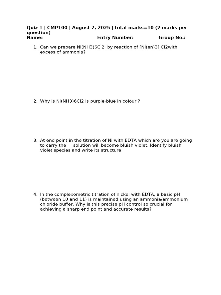 CMP100 Quiz on Nickel Complex Chemistry | PDF