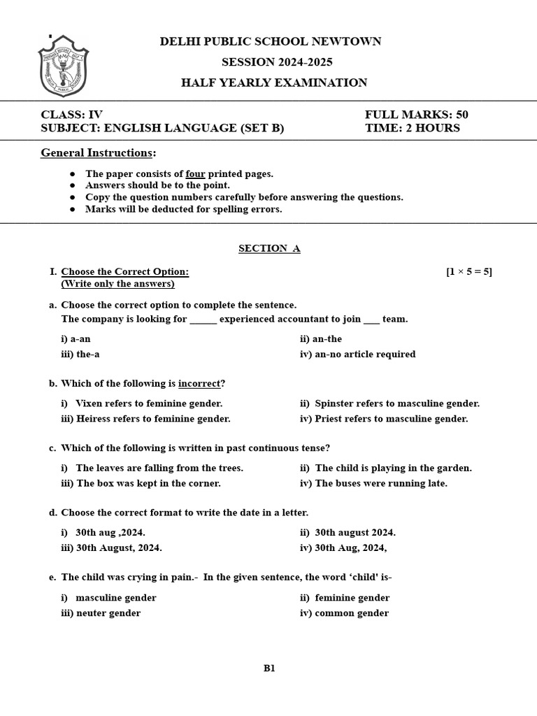 DPS Newtown Class IV English Exam 2024 | PDF | Bagheera | Grammatical ...