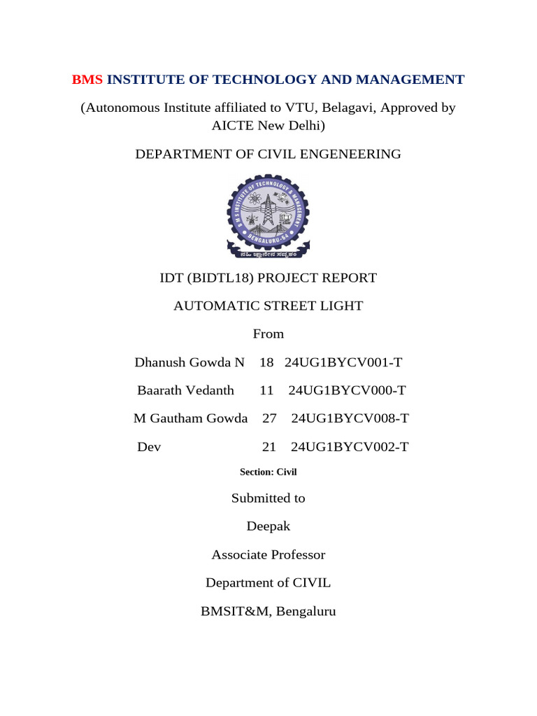 Idt Bidtl18 Project-Idea Report | PDF | Street Light | Power Supply