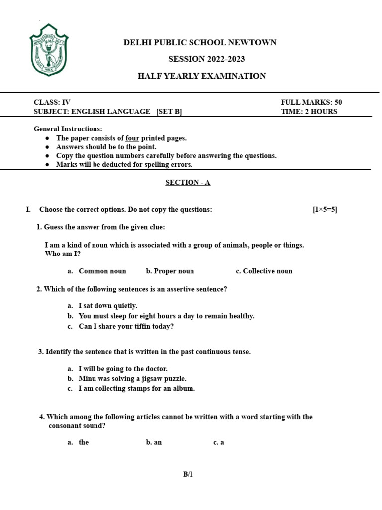 Class 4 Eng Lang HY Set B 2022 | PDF | Linguistics | Grammar