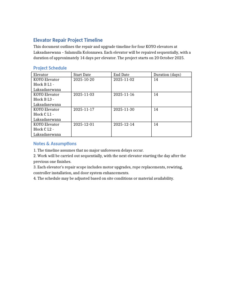 KOYO Elevator Repair Timeline 2025 | PDF