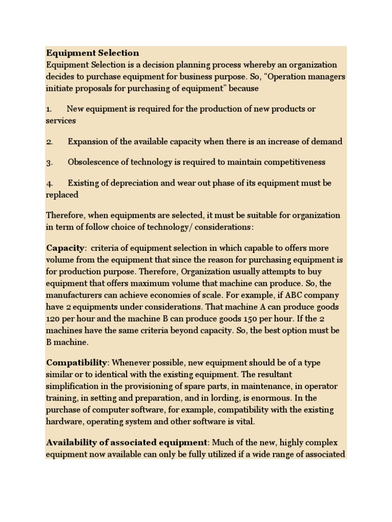 Equipment Selection Criteria Explained | PDF | Reliability Engineering ...