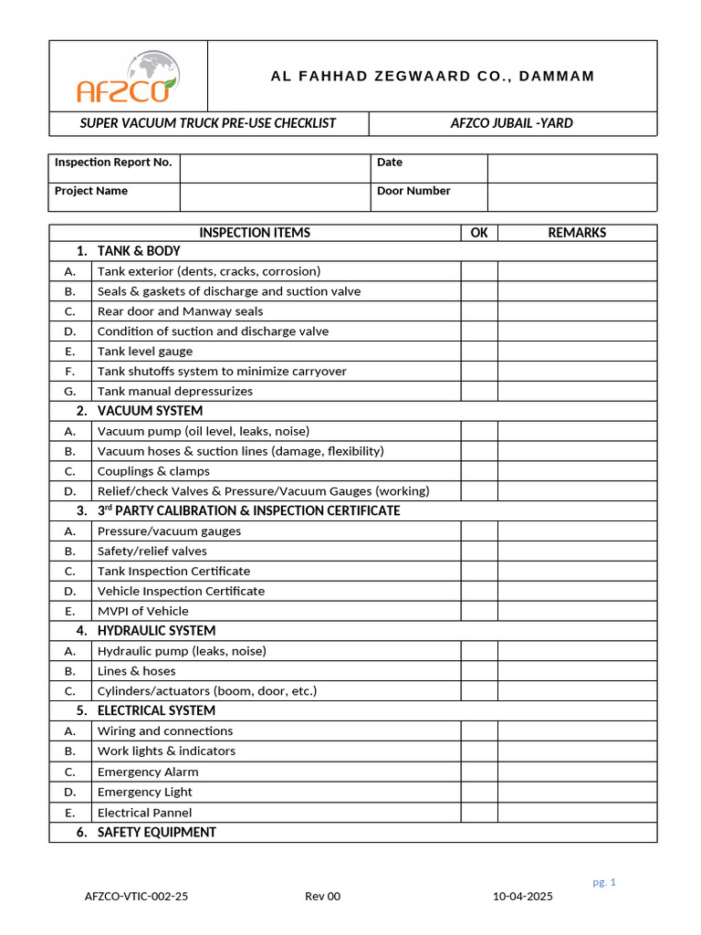 Vacuum Truck Inspection Checklist (002) | PDF | Valve | Pump