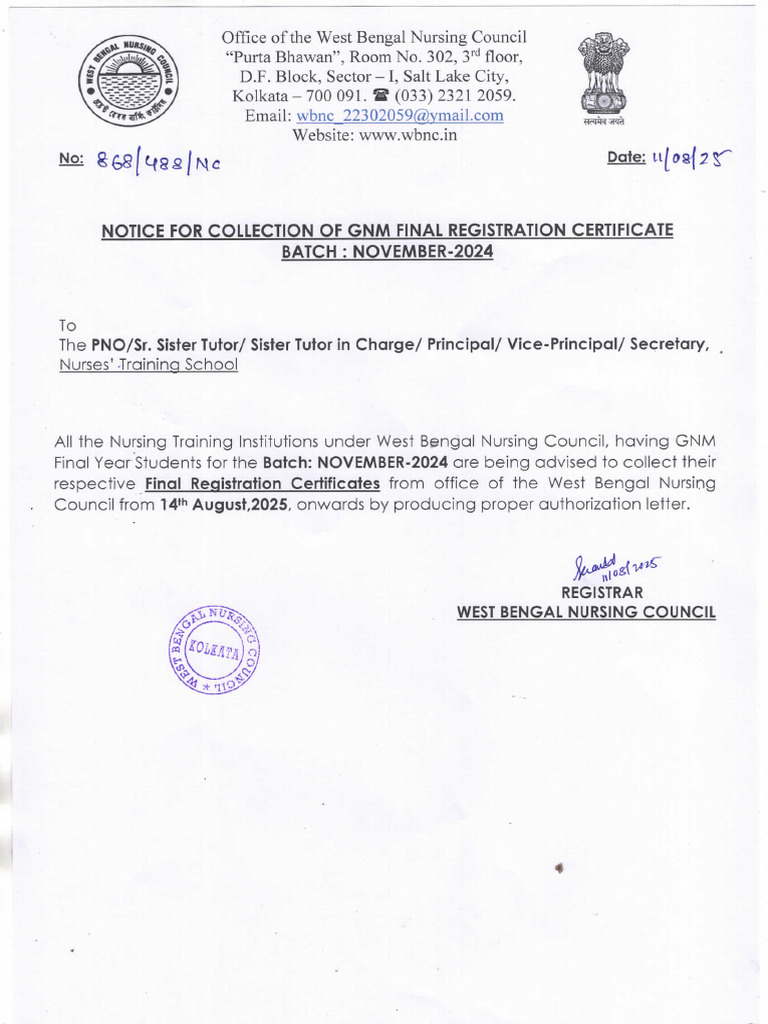 Notice For Collection of GNM Final Registration Certificate Batch ...