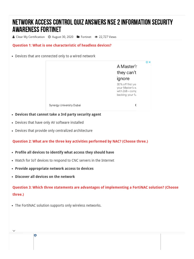 NAC Quiz Answers and Insights | PDF | Computer Network | Security