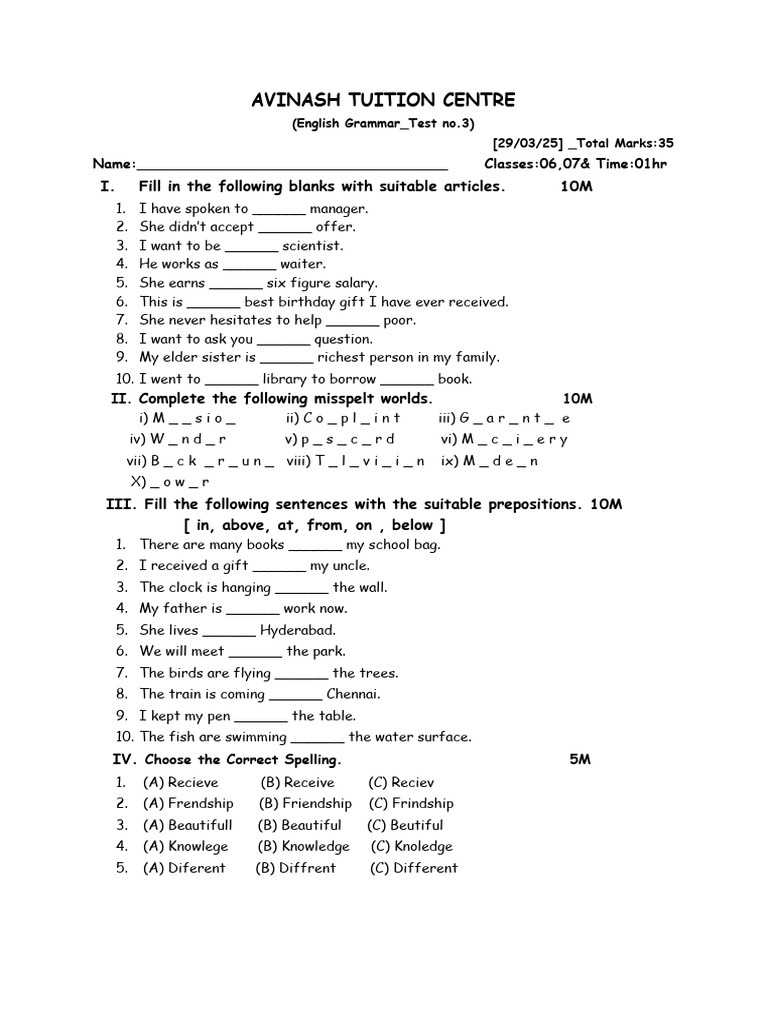 English Grammar Test for Classes 6-7 | PDF