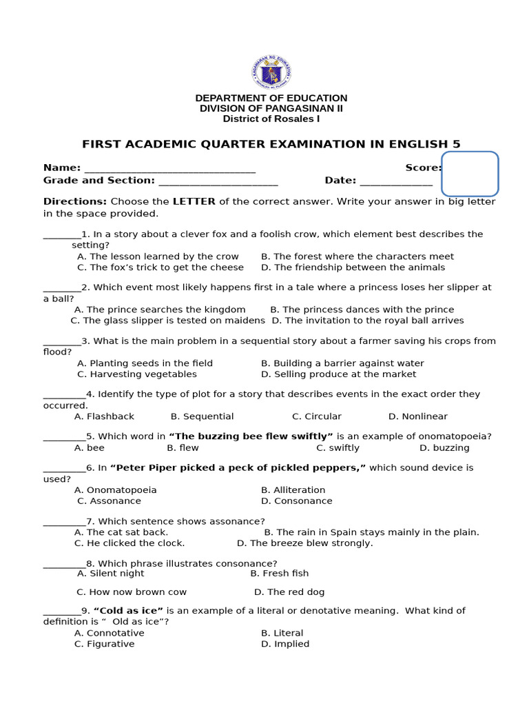1st PT Q1 Revised Matatag ENGLISH 5 | PDF | Verb | Noun
