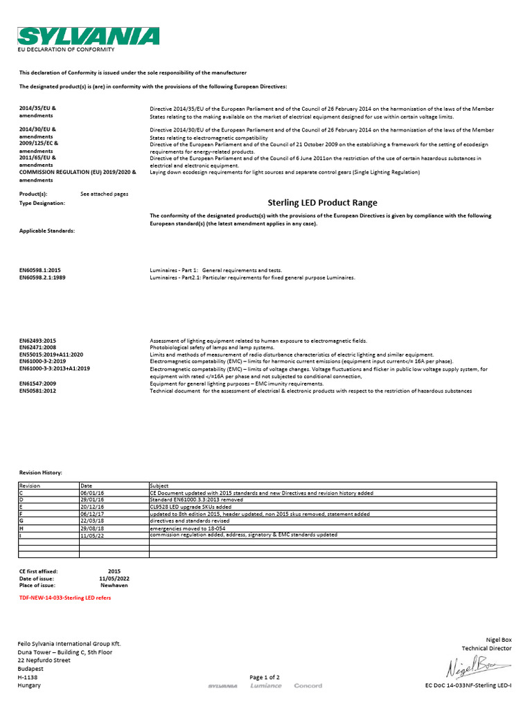EU Declaration of Conformity for Sterling LED | PDF | Electromagnetic ...