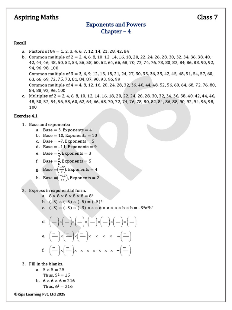 Aspiring Maths - Class 7 - CH 4 - Exponents and Power | PDF ...