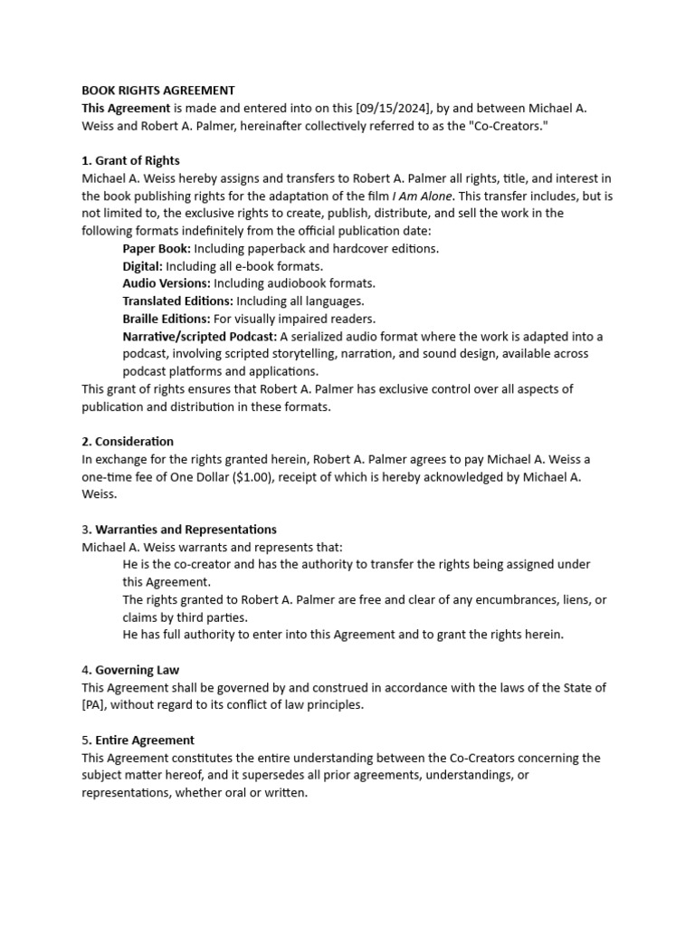 Iaa Book Rights Agreement - 091524 - Signed | PDF