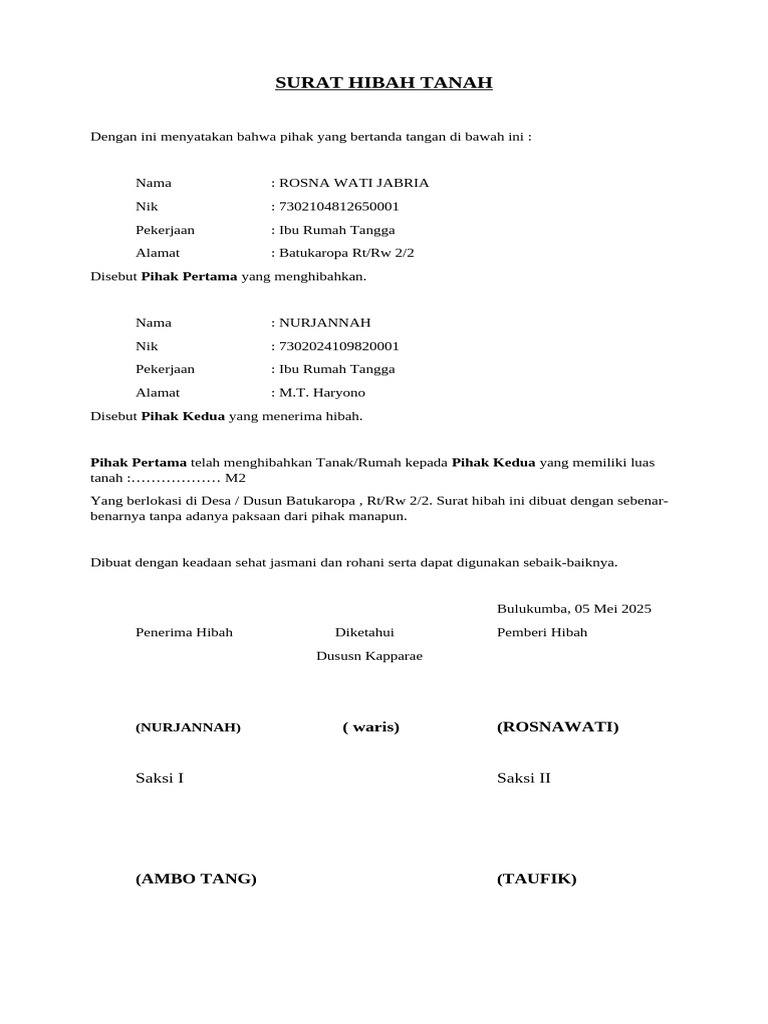 Surat Hibah Tanah Batukaropa 2025 | PDF