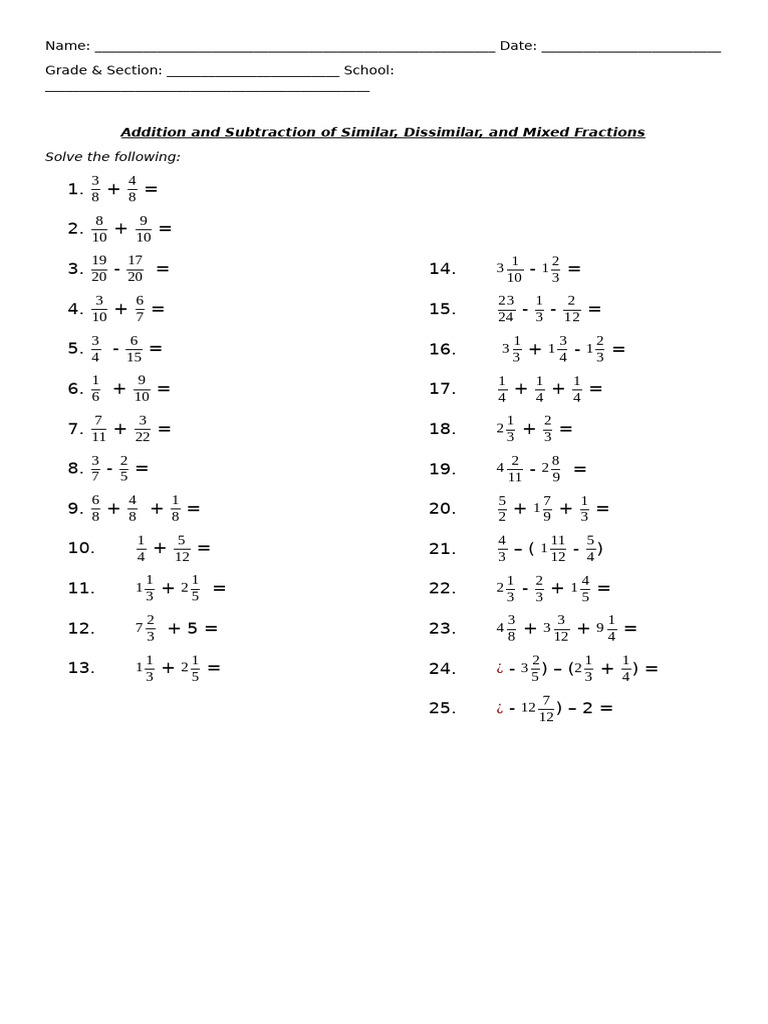 Dissimilar Fraction Worksheet Grade 4 | PDF | Chess Theory | Chess