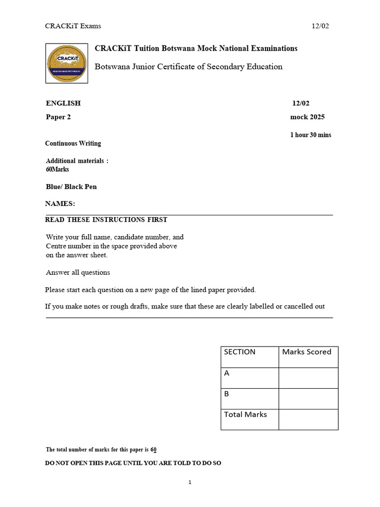 Mock English Exam Paper 2 2025 | PDF