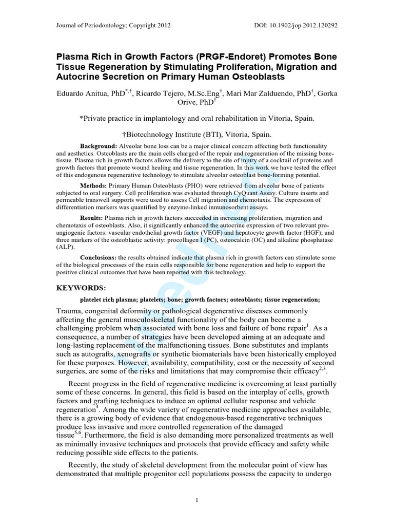 Plasma Rich in Growth Factors (PRGF-Endoret) Promotes Bone | PDF ...