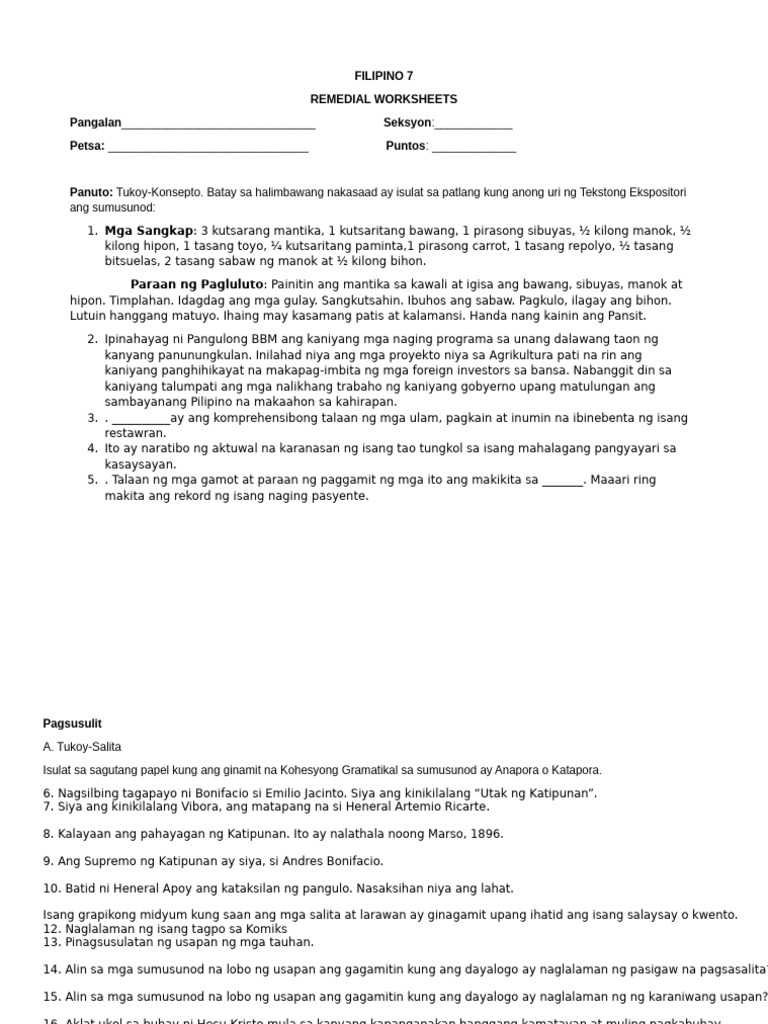 WORKSHEETS FOR REMEDIAL | PDF